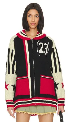 Jaded London Team 23 Knitted Zip Through In Blue In Black & Ivory